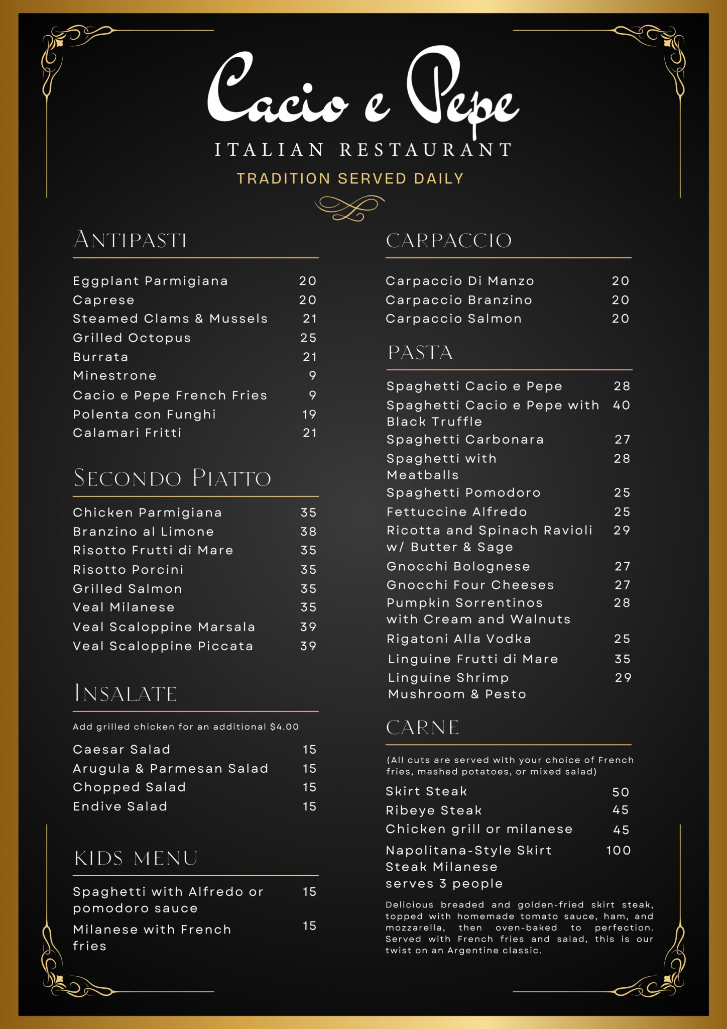 Menu – Cacio e Pepe – Authentic Italian Cuisine